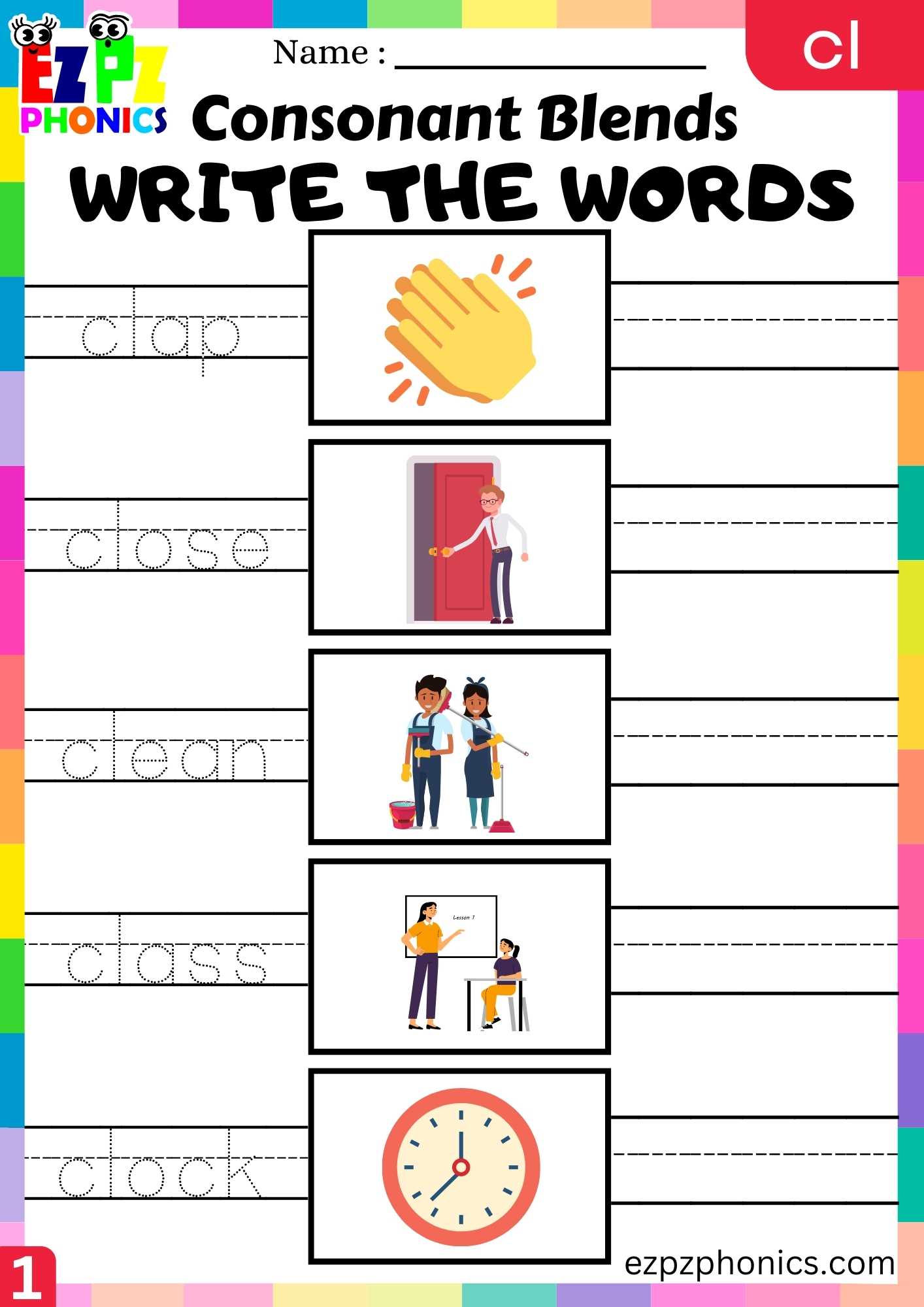 Group1 CL Words Write The Words Phonics Consonant Blends Worksheet - ezpzphonics.com